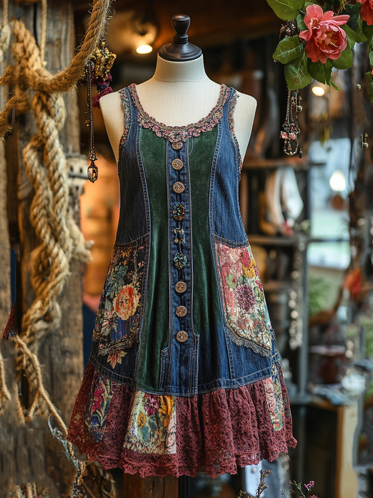 Vintage Denim Patchwork Lace Art Sleeveless Dress – deeove