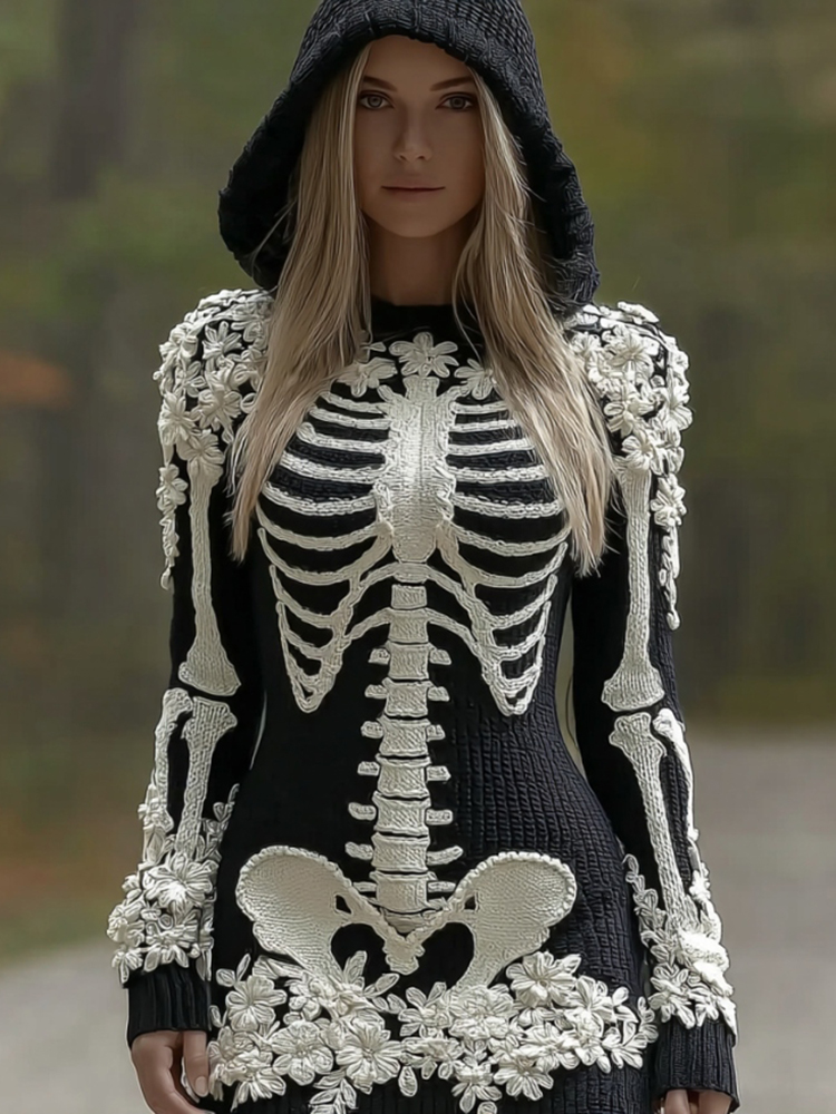 Halloween Skeleton Anatomy Floral Hooded Cozy Knit Sweater – deeove