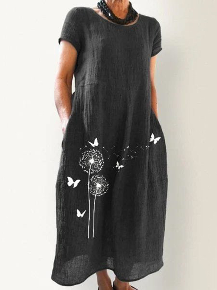 Casual Loose Dandelion Butterfly Print Linen Midi Dress – deeove