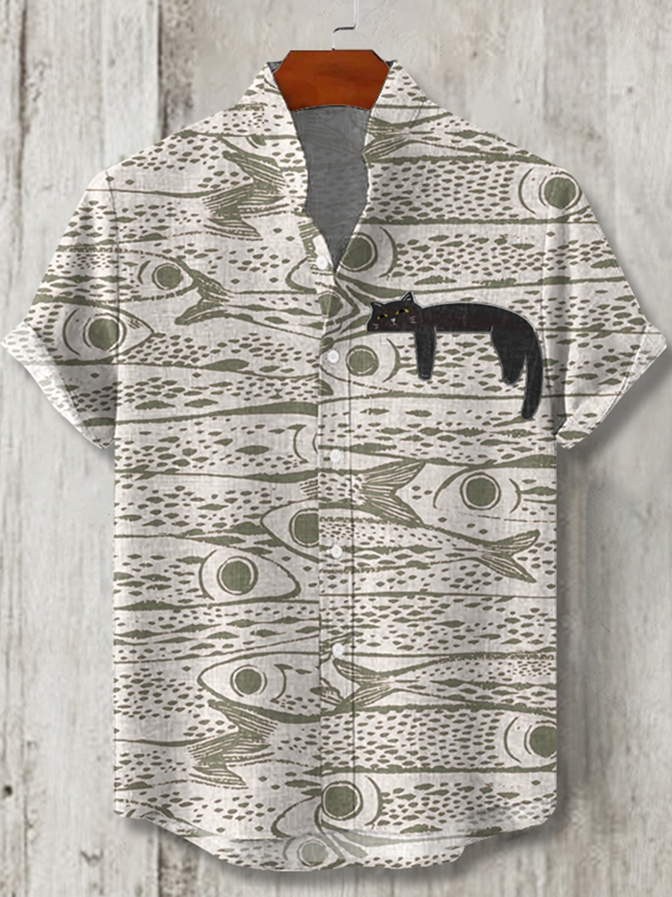 Men's Schools Of Fish With Lazy Black Cat Japanese Art Print Button ...
