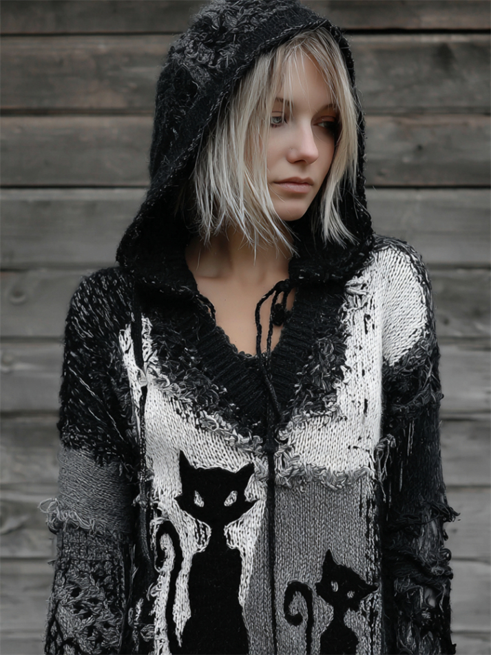 Halloween Spooky Black Cats Frayed Patchwork Knit Hooded Sweater – deeove