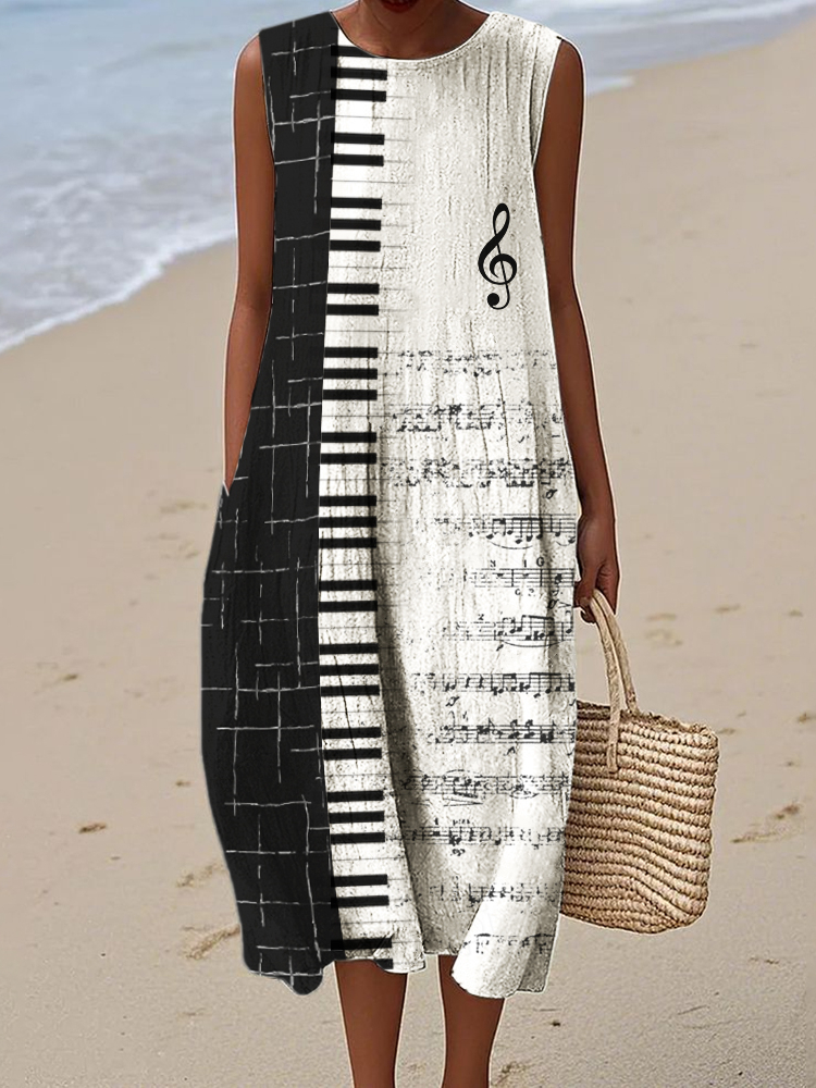Music Notes & Piano Inspired Contrast Flowy Linen Dress – deeove