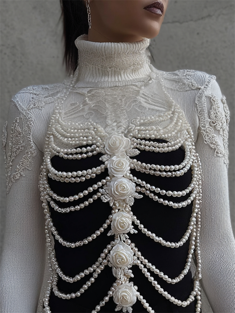 Classy Roses Skeleton Pearls Lace Embroidered Turtleneck Sweater – deeove