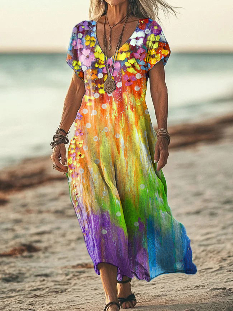 Women's Colorful Oil Painting Floral Print Linen Blend Dress – deeove