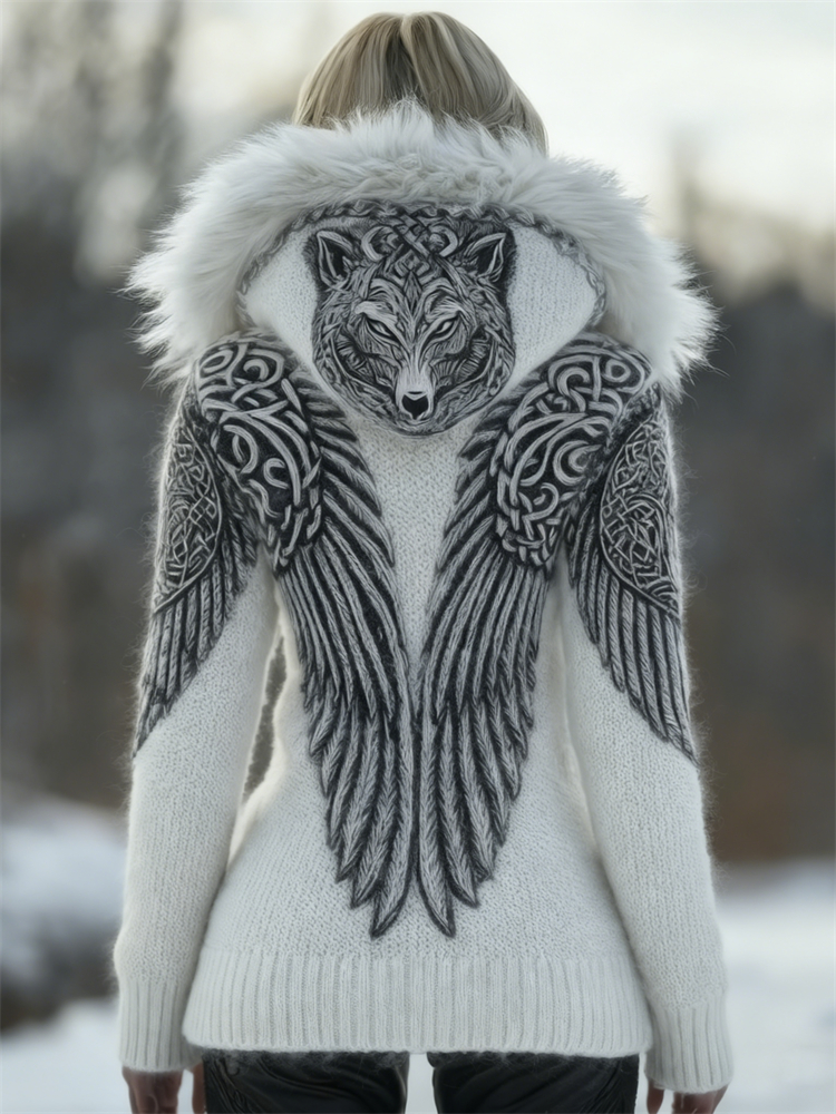 Viking Wolf Celtic Wings Cozy Fur Trim Hooded Sweater – deeove