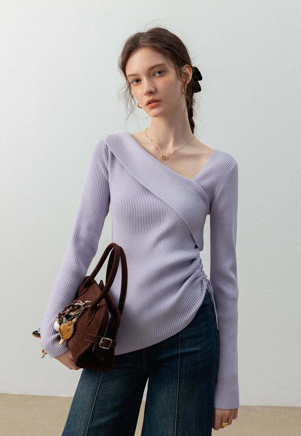 Women's Irregular V Neck Drawstring Waist Knit Top – EGGKA