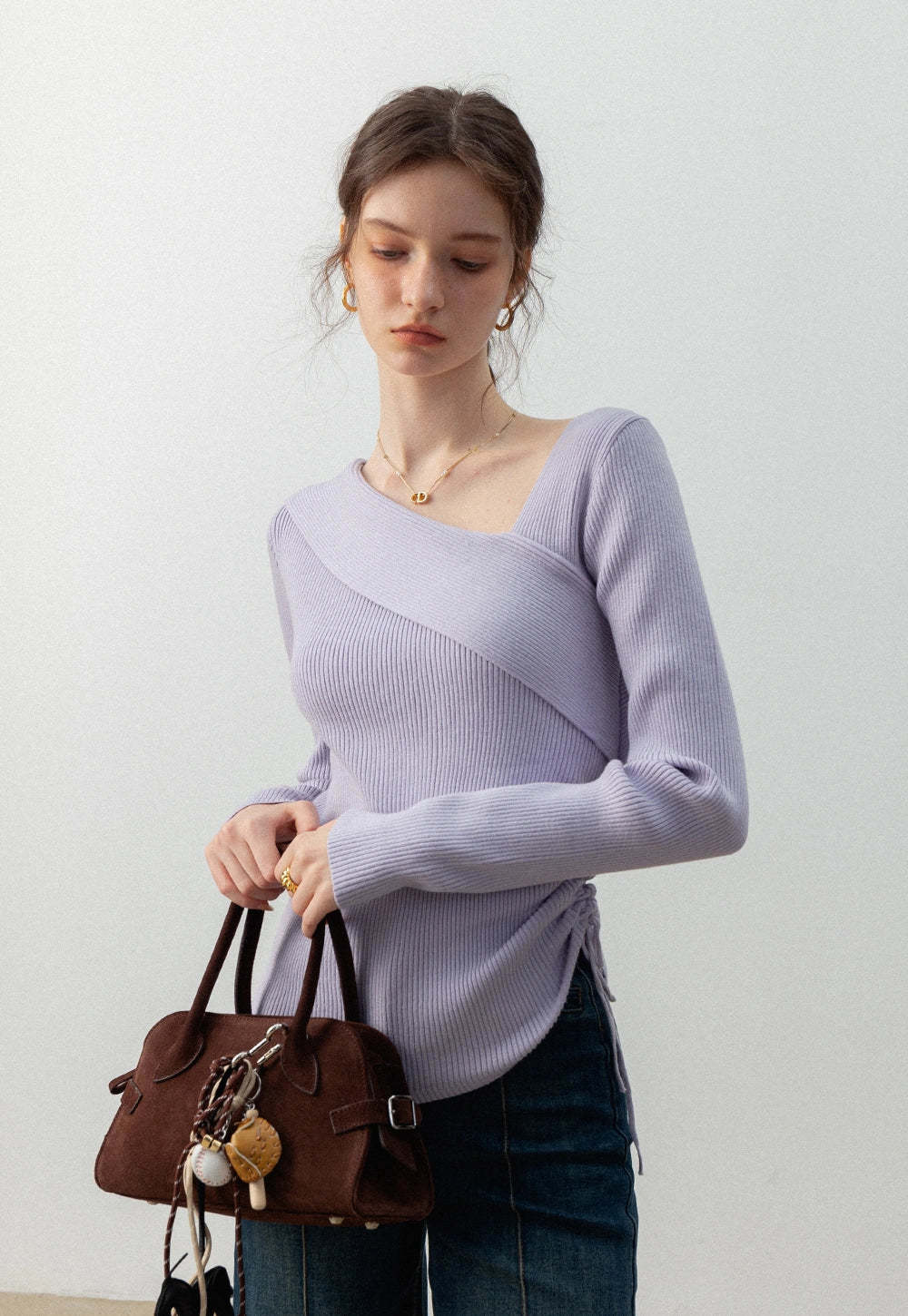 Women's Irregular V Neck Drawstring Waist Knit Top – EGGKA