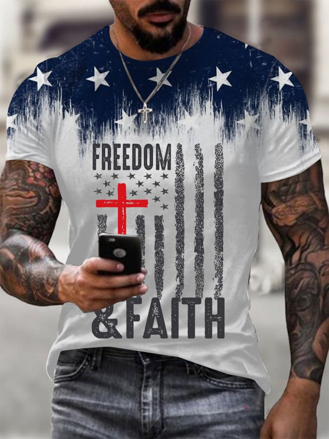 Men's Jesus Freedom And Faith Printed Round Neck T-Shirt – kaittly