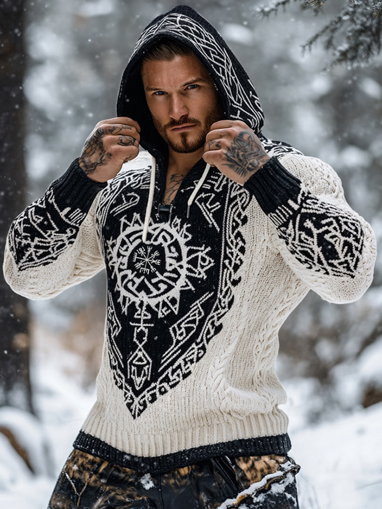 Men's Viking Tribal Jacquard Celtic Inspired Chunky Knit Hooded Sweate ...