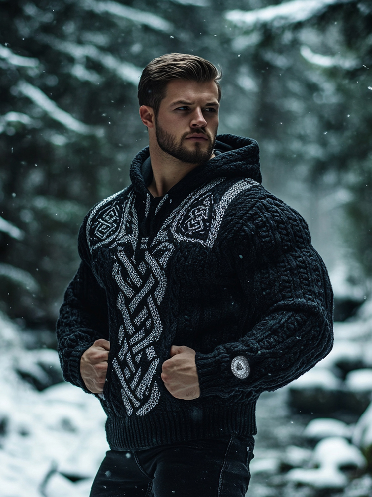 Men's Viking Tribal Eagle Jacquard Celtic Inspired Chunky Knit Hooded ...