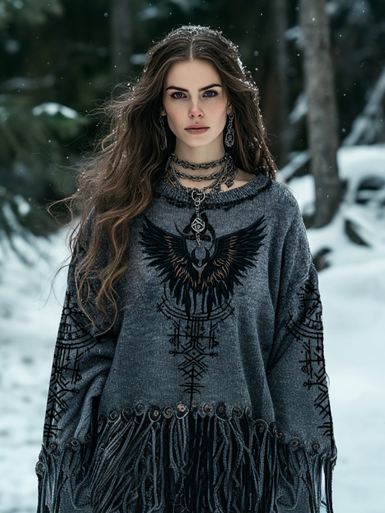 Women's Tribal Viking Runes Bird Graphics Embroidery Tassel Art Knit S ...