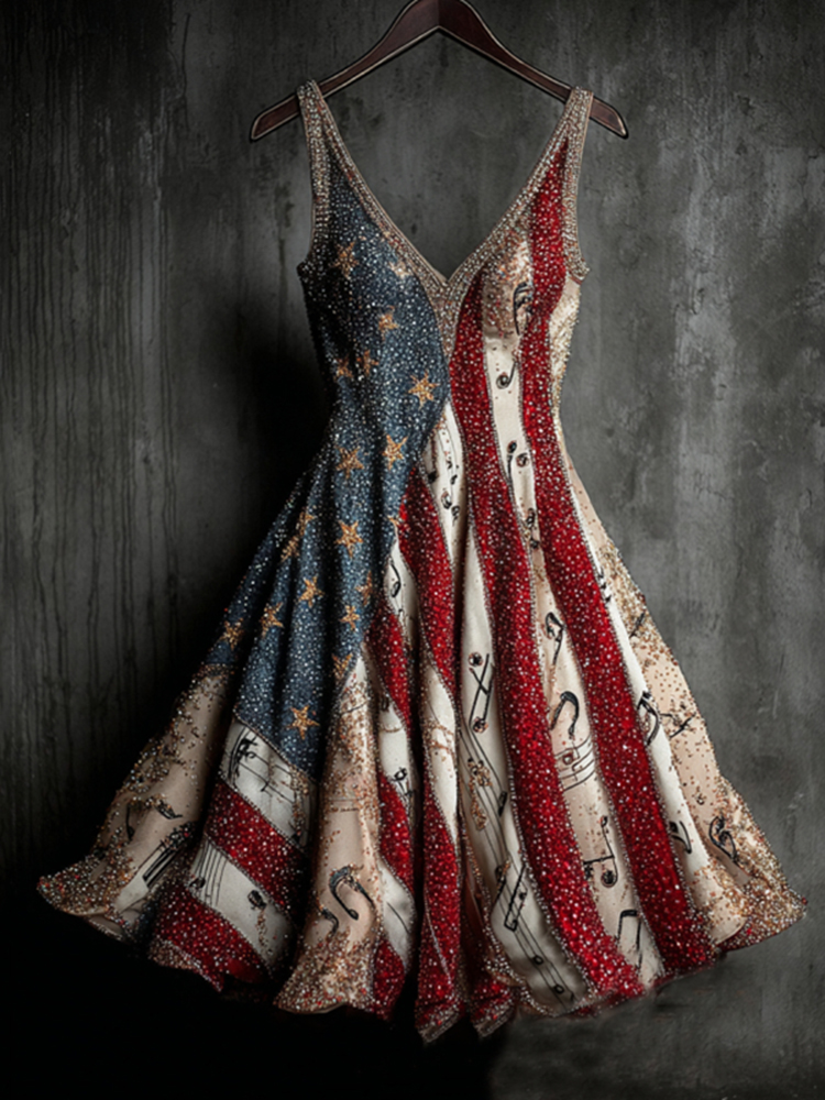 Vintage Sequin Music Notes And Flag Art Midi Dress