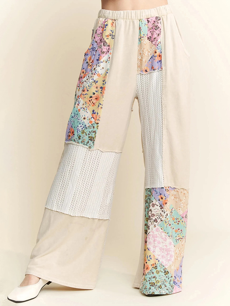 Vintage Floral Lace Patchwork Loose Wide-leg Linen Blend Pants