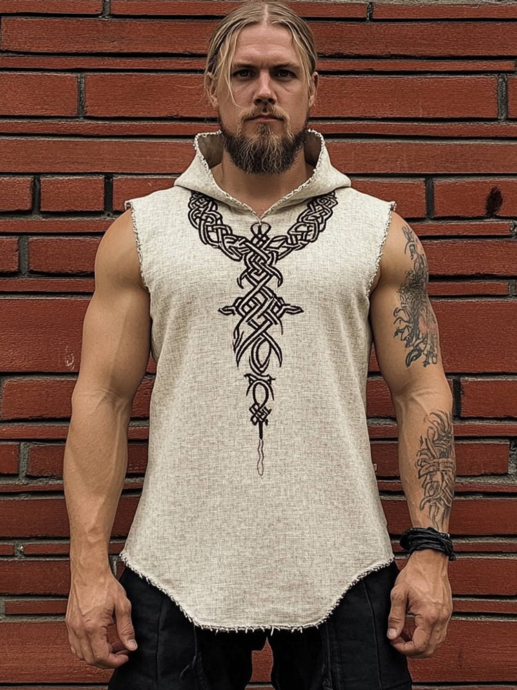 Vintage Viking Rune Linen Hooded Vest