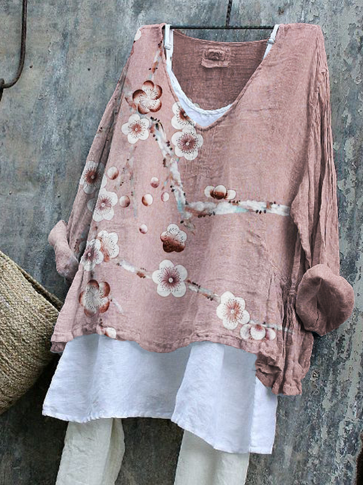 Classy Cherry Blossom Japanese Art Flowy Linen Blend Tunic