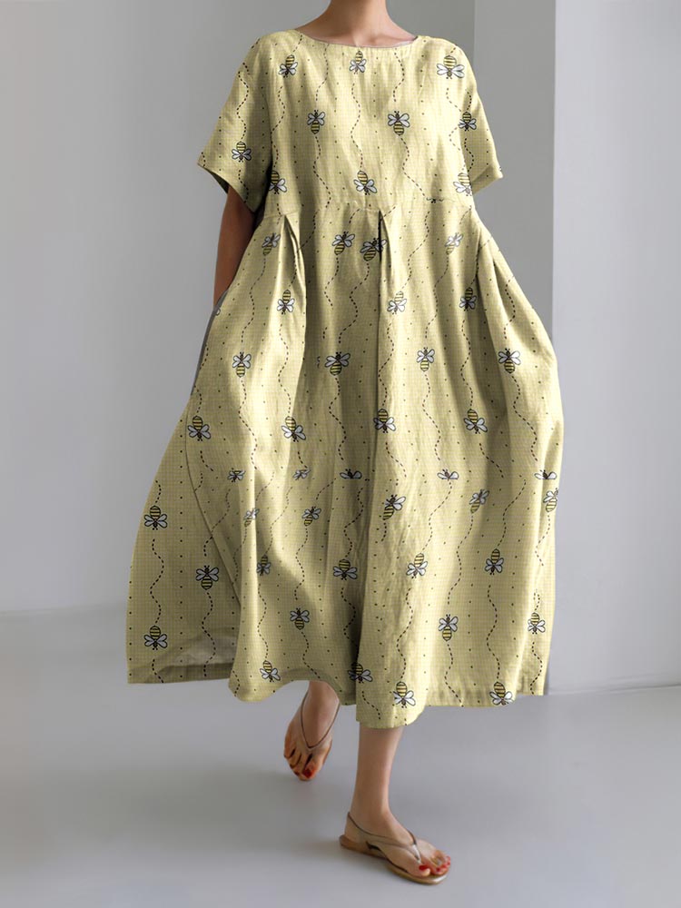Honey Flying Bees Embroidery Art Print Casual Midi Dress