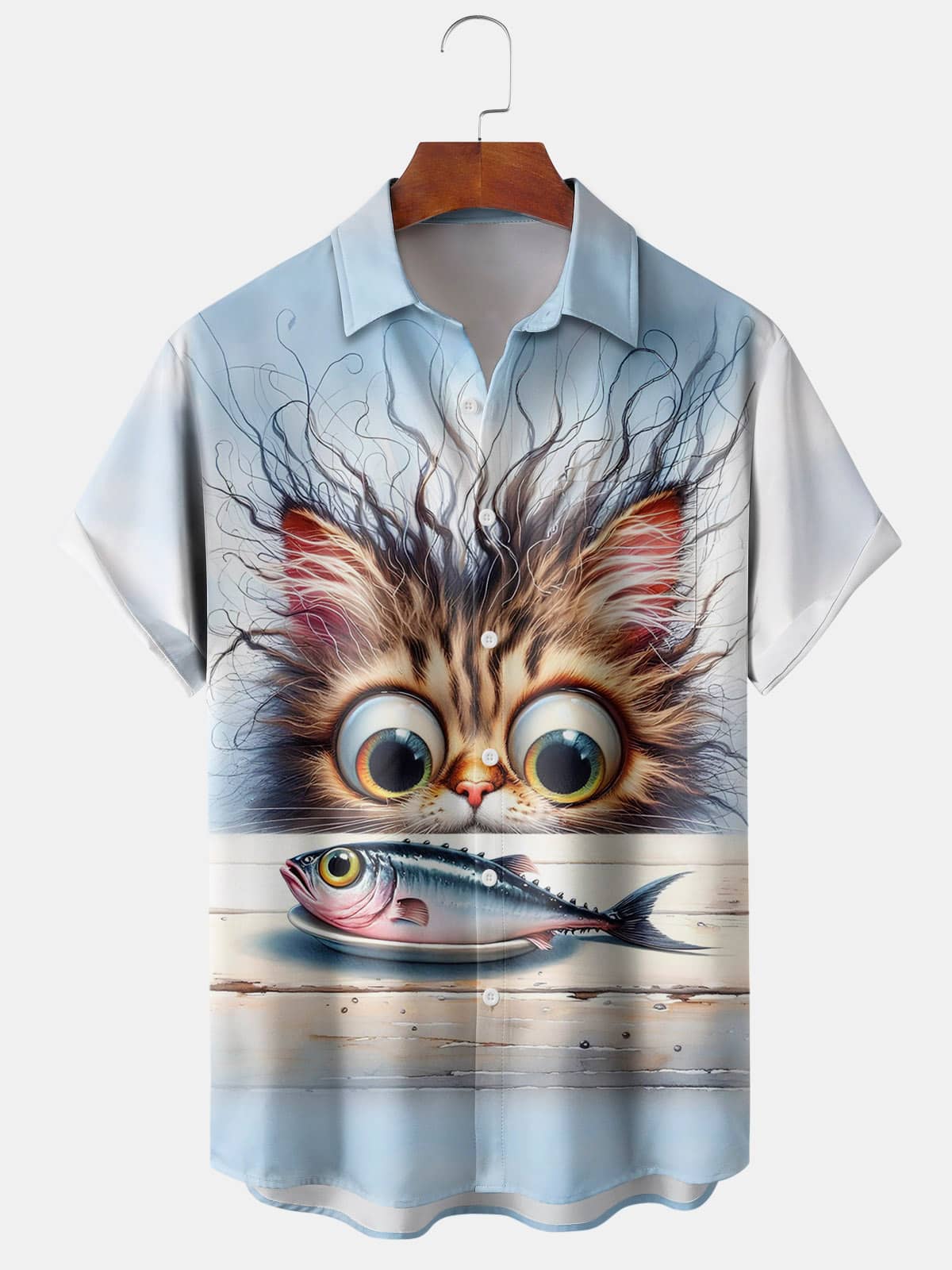 Moisture Wicking Cat Catching Fish Print Hawaiian Short Sleeve Pocket ...