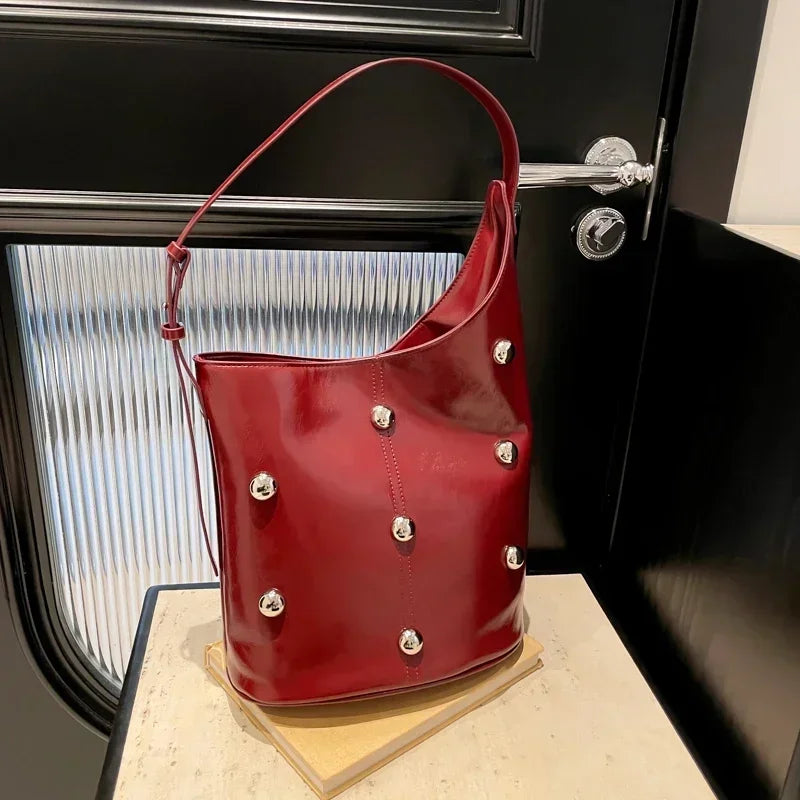 Rivet PU Bucket Shoulder Bag 2025 – BoranStellar
