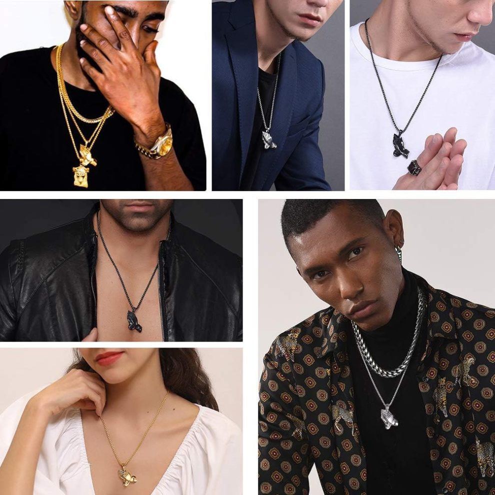 Prayer Hands Necklace for Men - Stainless Steel Black Chain Religious ...