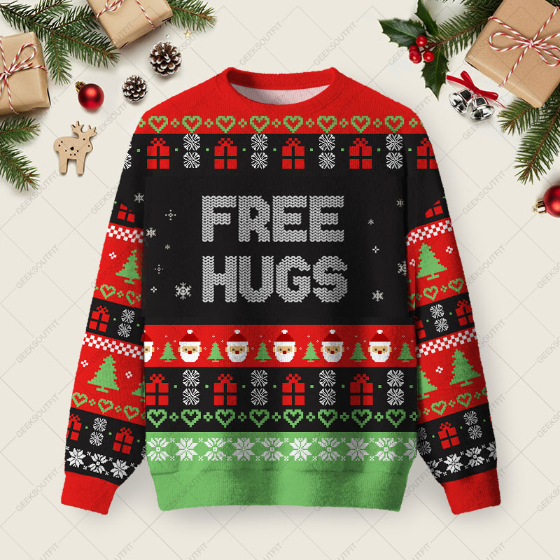 Geeksoutfit Free Hugs Ugly Christmas Fuzzy Fleece Sweatshirt for Sale
