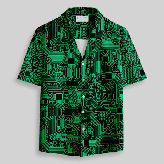 Geeksoutfit Computer Circuit Board Green Button Up Pocket Shirt for Sale
