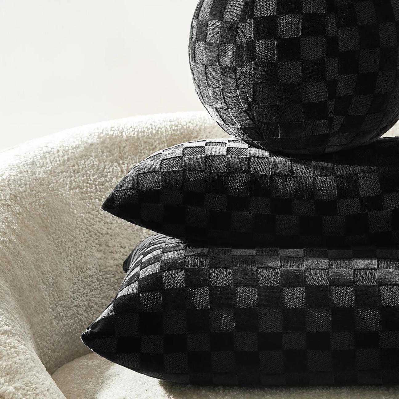 Checker Velvet Ball Pillow 12" - Black