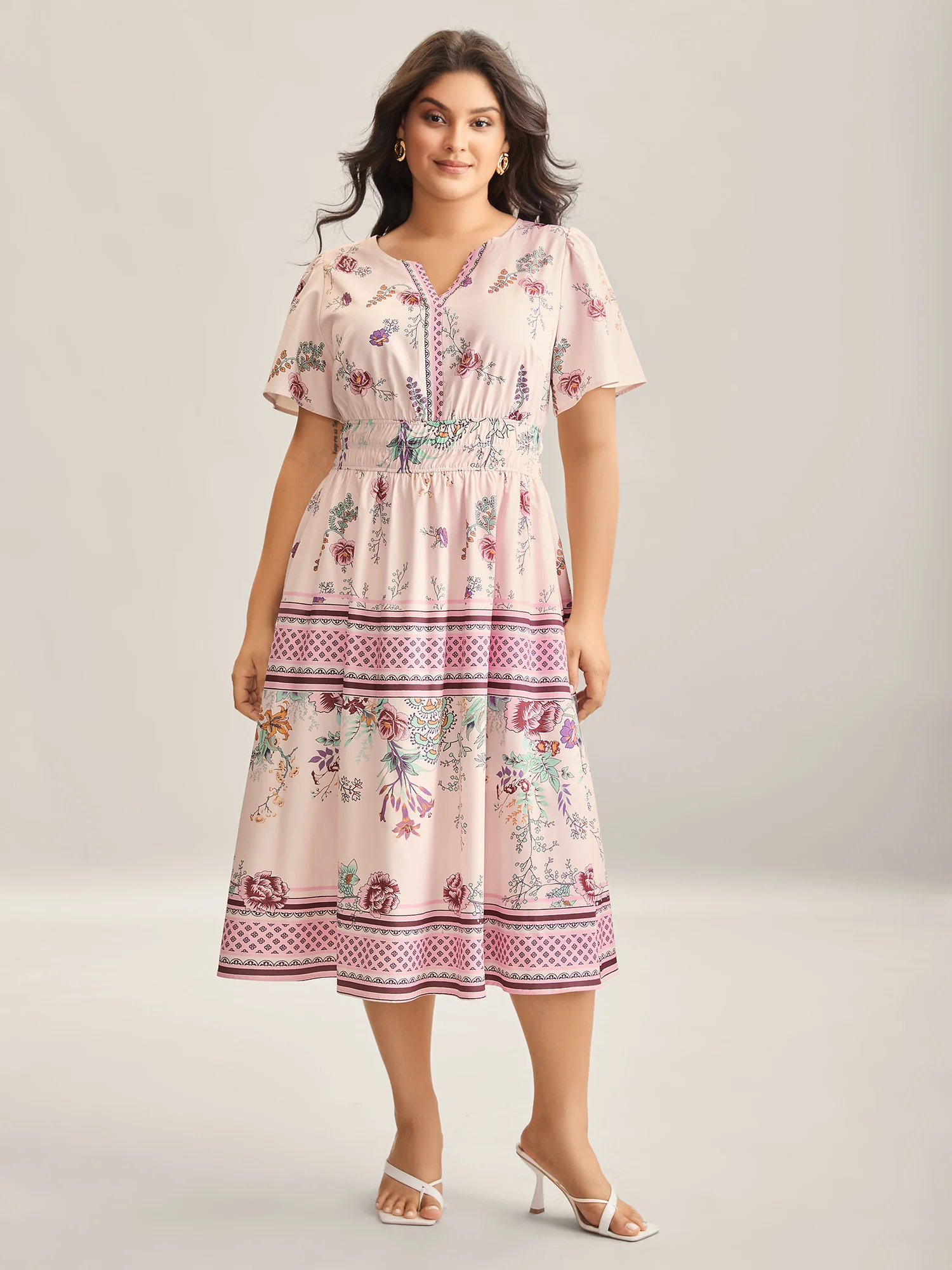 Floral Print Waist Defining Midi Dress