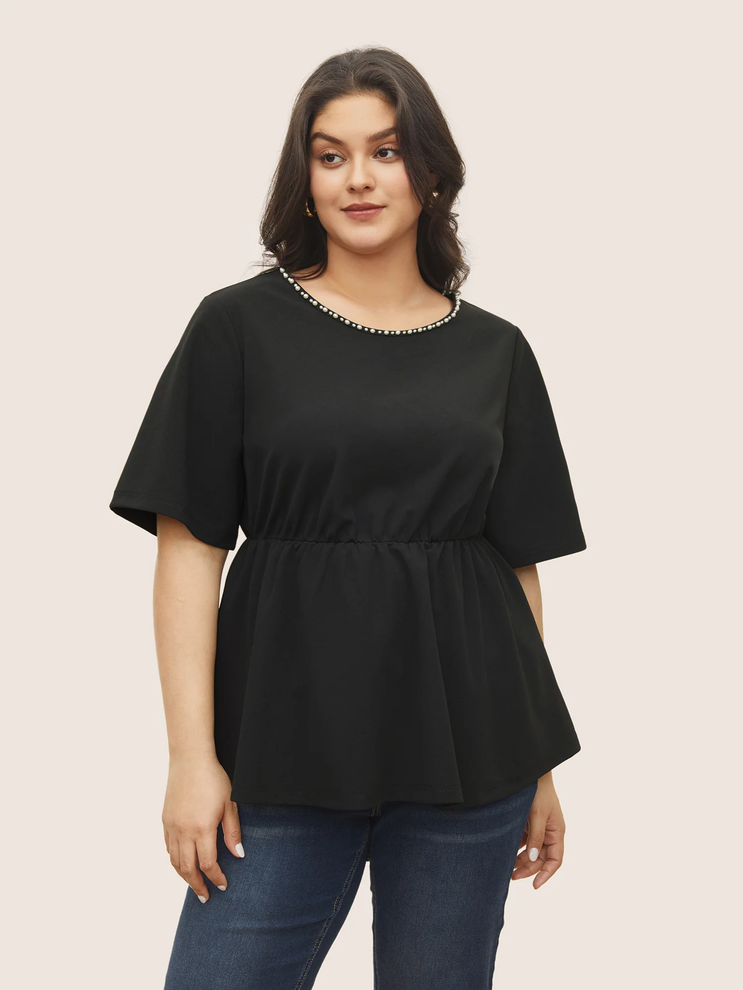 Pearl Beaded Gathered Elastic Waist Blouse