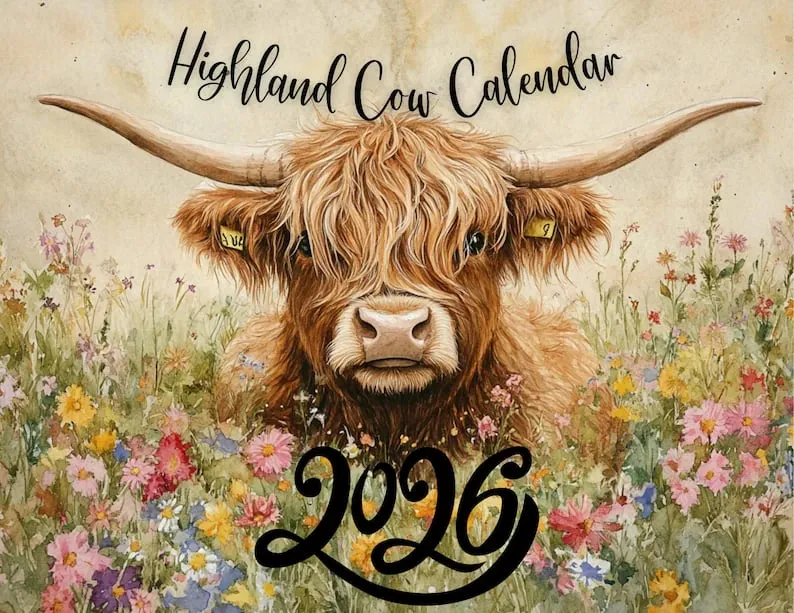 🐮Highland Cow Calendar 2026 – Rustic Farmhouse Wall Art & Monthly ...