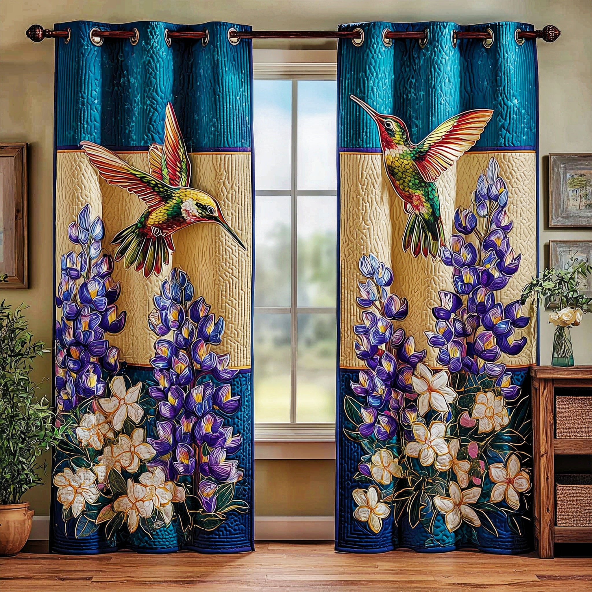 Hummingbird & Lupine Flower Embroidered Knitwear Quilted Curtains ...