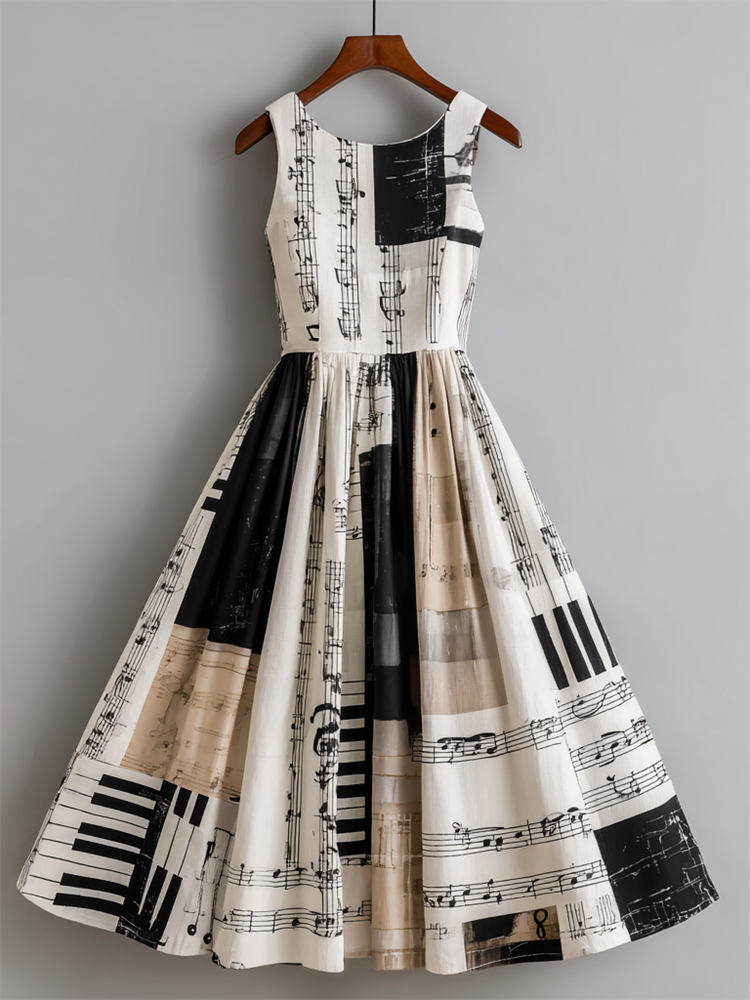 Classy Music Notes Piano Keys Colorblock Linen Dress – oprinted.com