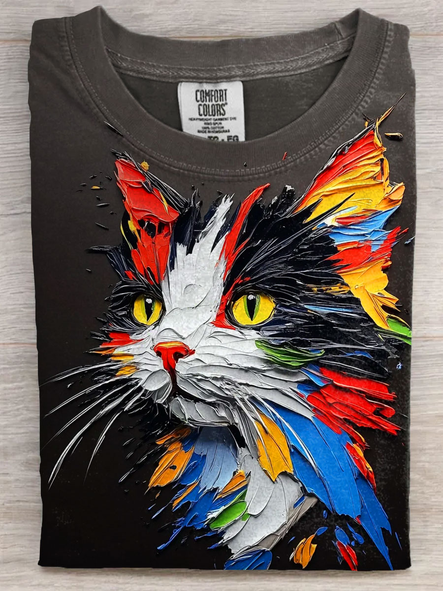 Cats Oil Painting Art Print Casaul Short Sleeve T-shirt – oprinted.com