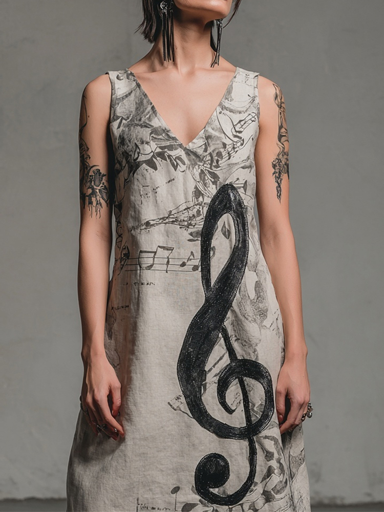 Bouncing Music Notes Vintage Women's Linen Vest Maxi Dress – oprinted.com