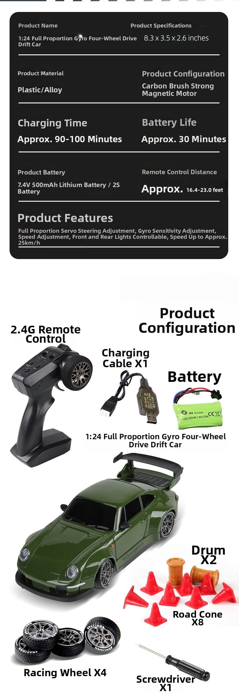 🚗🔧 Remote-Controlled Drift Car, 1:24 Scale RC Car with LED Lights, 2