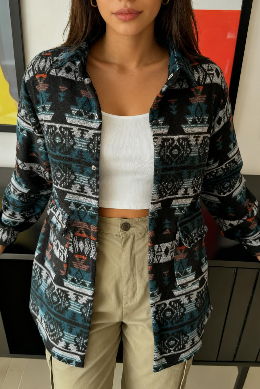 Retro Aztec Print Woolen Coat