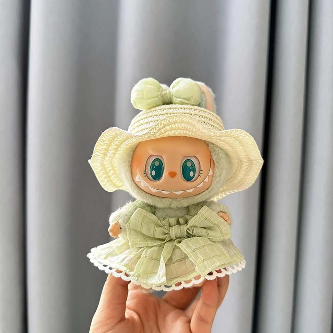 White Wave Straw Hat & Green Candy Skirt With Charms for LABUBU