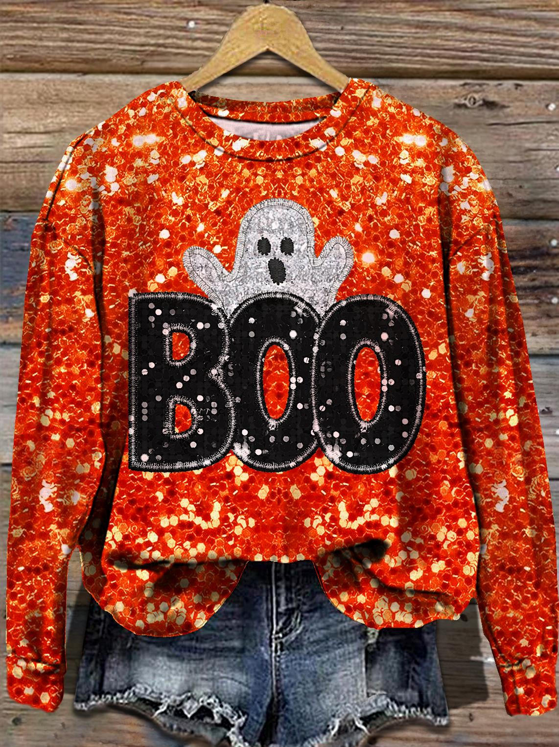 Women's Halloween Glitter Boo Ghost Cute Ghost Season Round Neck Long