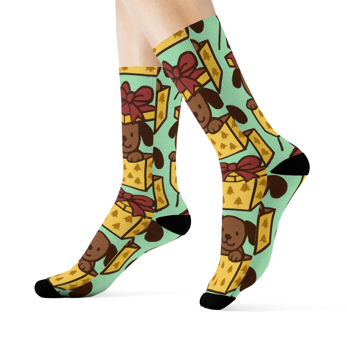 Cartoon Dog Gift Box Tessellation on Mint Crew Socks – Sockz