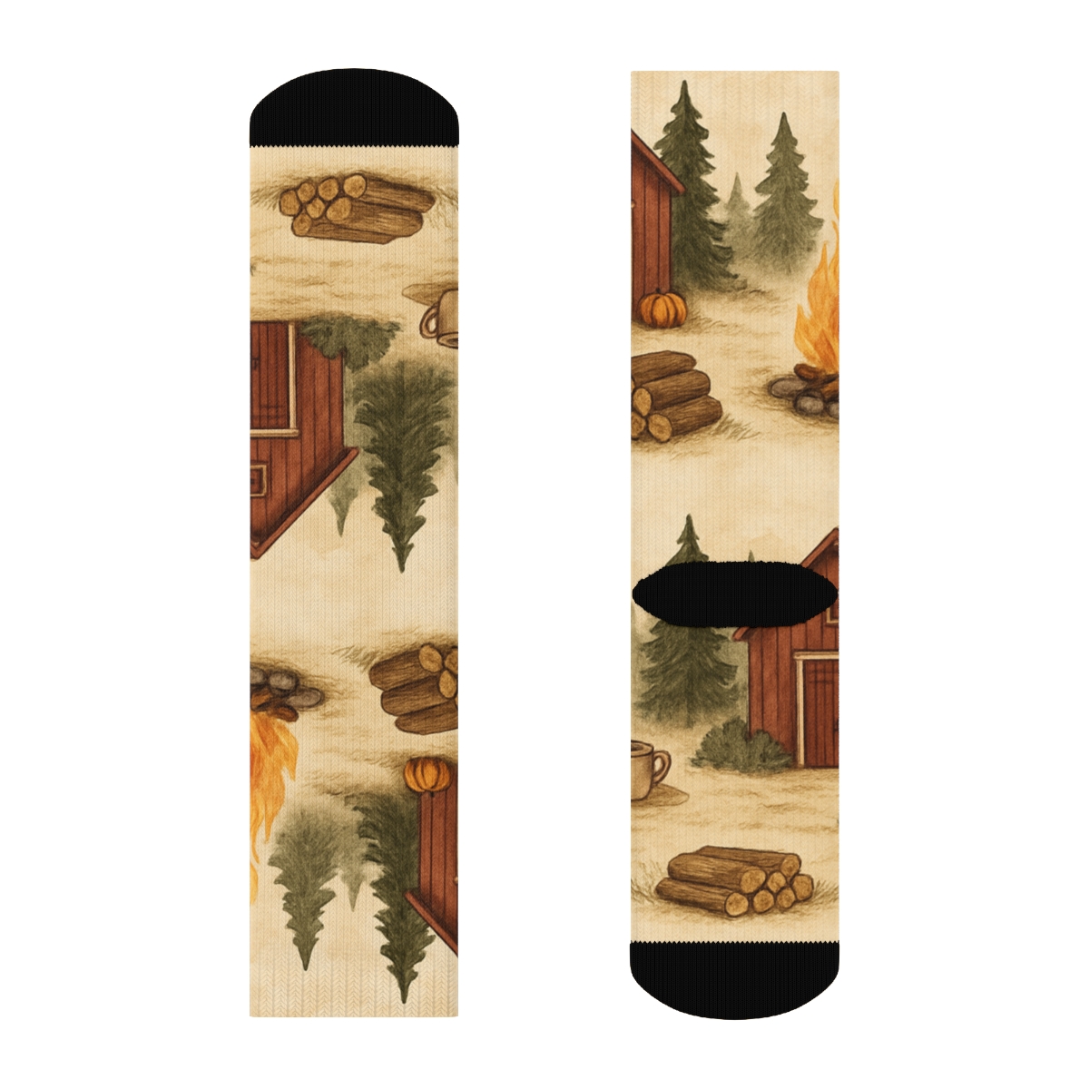 Cozy Cabin Wraparound Scene on Cream Crew Socks – Sockz