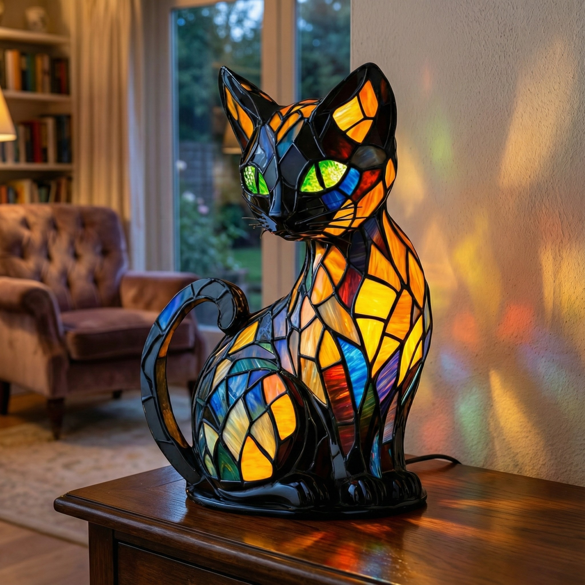 Stained Glass Cat Lamp for Artistic Home Lighting Decor – 3D Optical Lamp