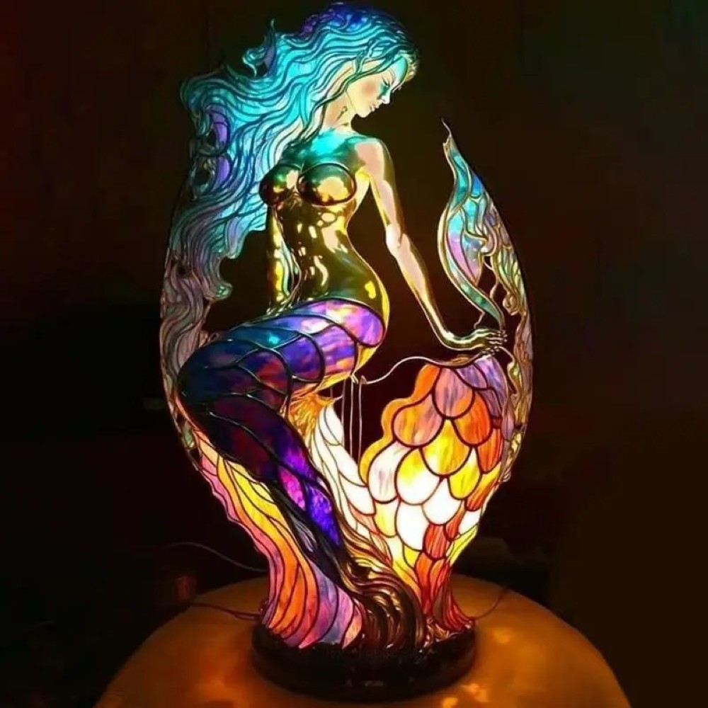 Decorative Mermaid Stained Glass Lamp For Table Decor – 3D Optical Lamp