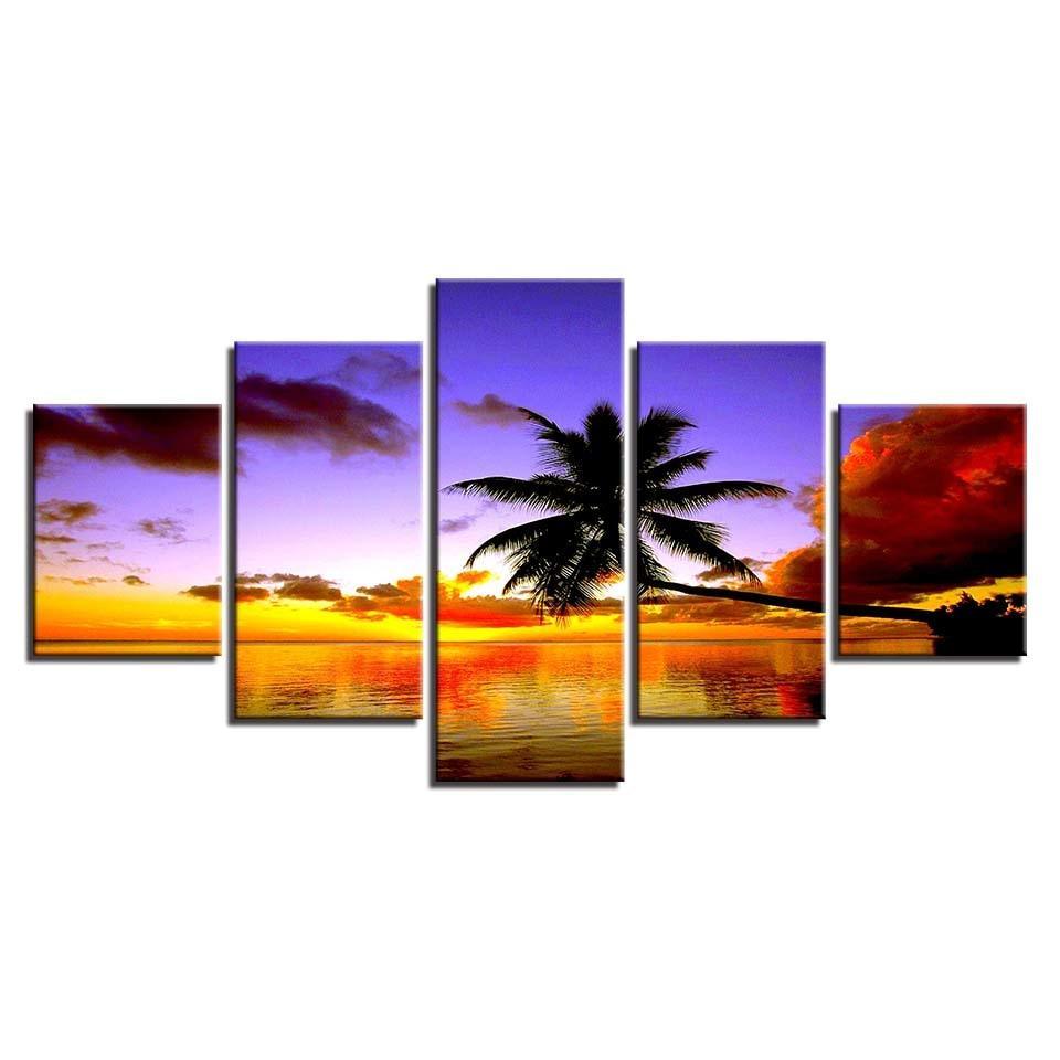 Coconut Trees Sunset 5 Piece HD Multi Panel Canvas Wall Art Frame ...