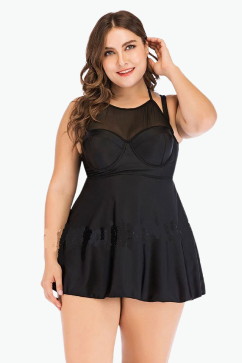 Black Mesh Halter Two Piece Tankini Plus Size Swimsuit – Curvy Waves