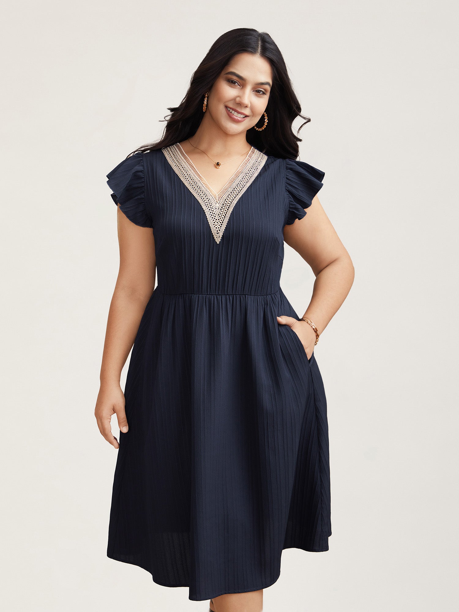 Textured Lace Neckline Ruffled Sleeve Dress – US BEST SALE