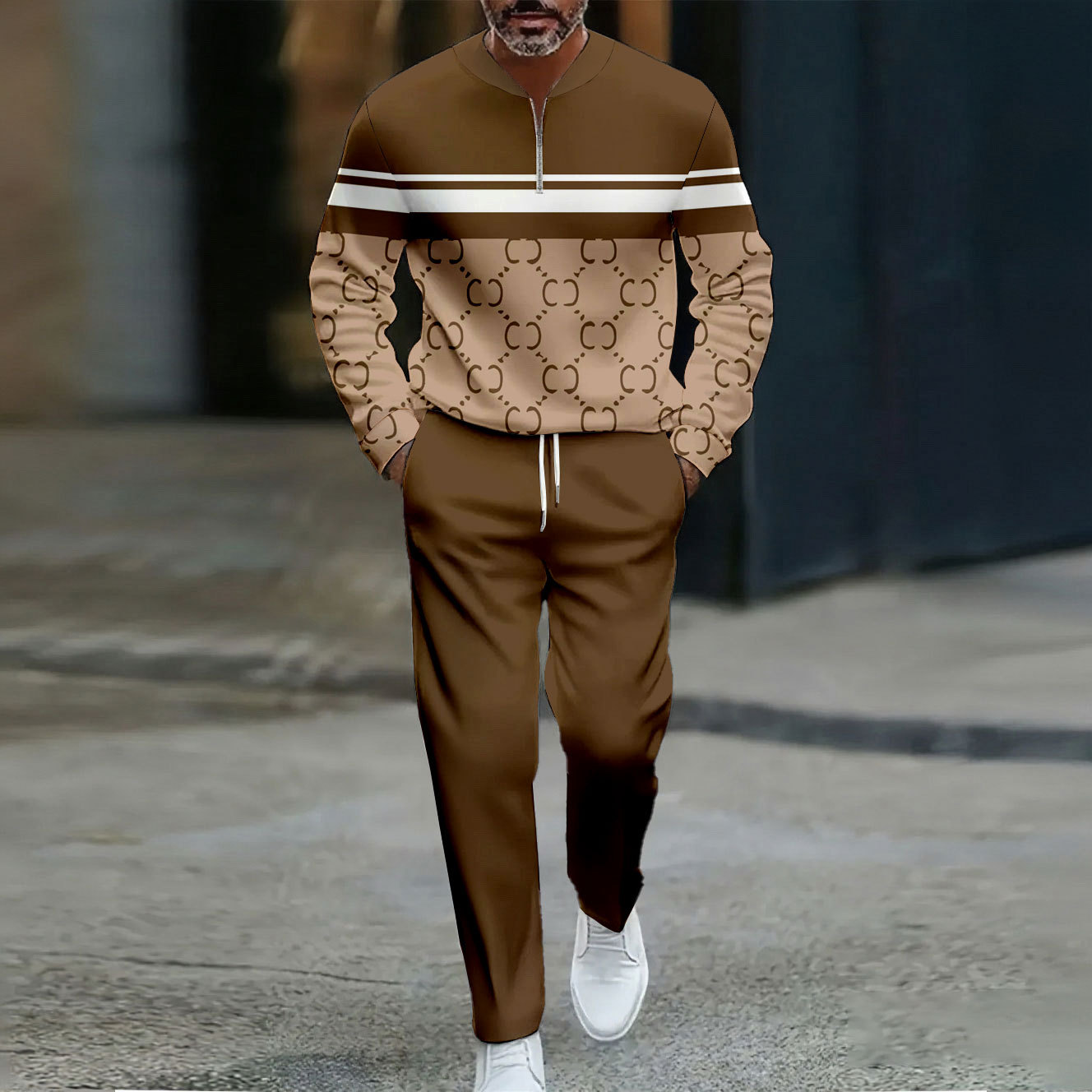 Men's Casual Color Matching Printed Round-Neck Zipper Long Sleeved ...