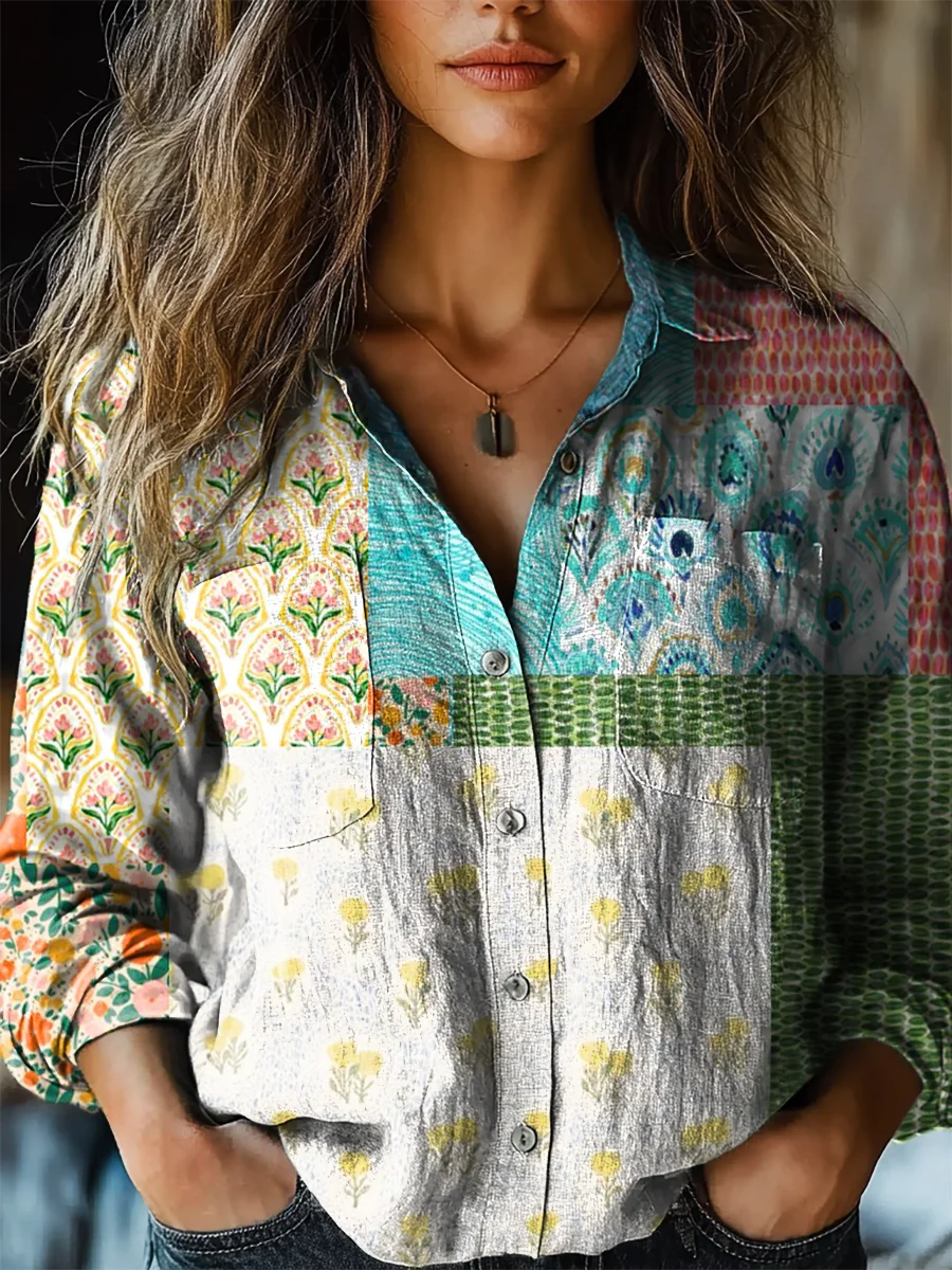 Women's Vintage Floral Patchwork Print Casual Linen V-neck Shirt – coanelo