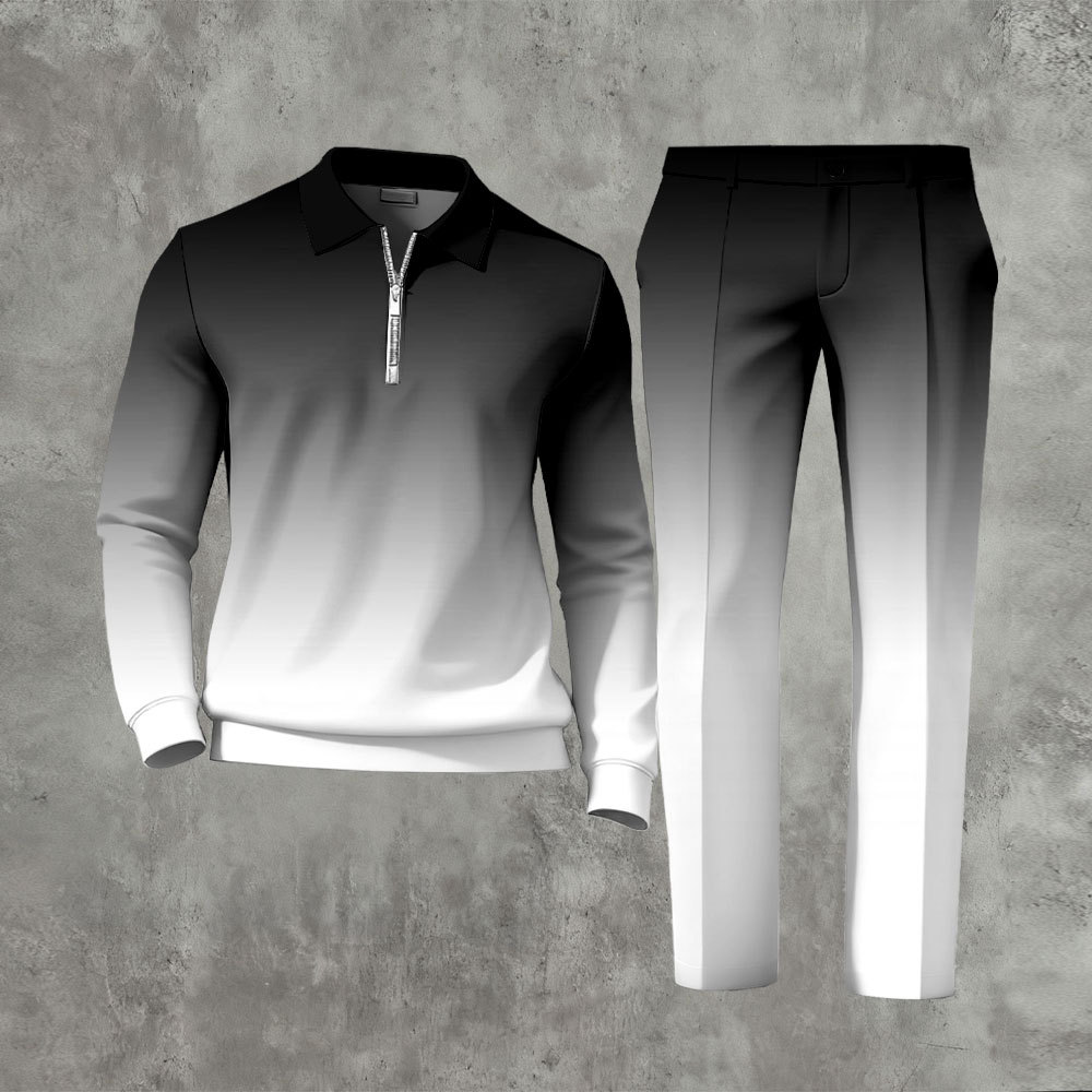 Men's Casual Black White Gradient Color Matching Printed Polo-Collar ...