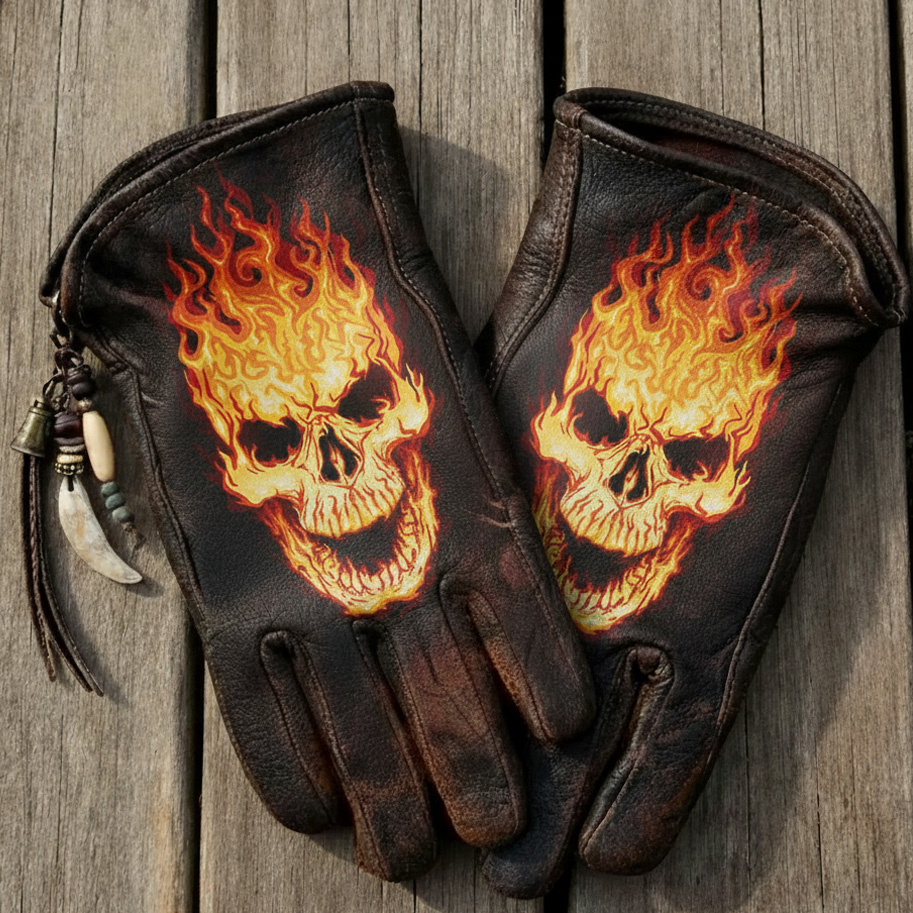 Retro Flame Style Burning Skull Talon Leather Motorbike Gloves – Toughsgear