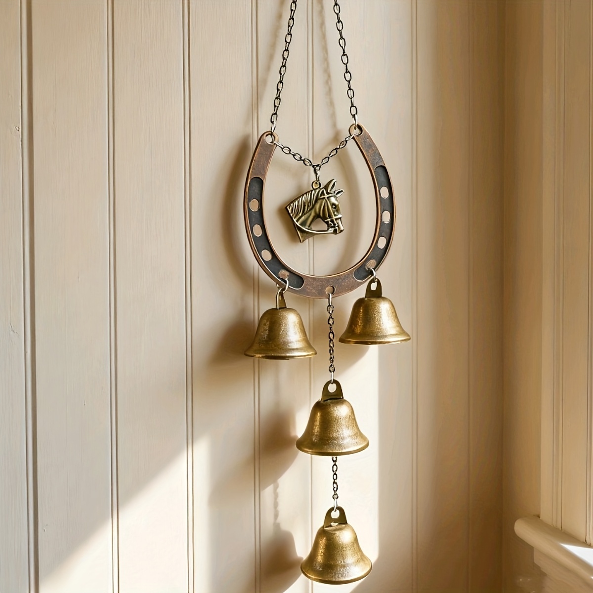 Vintage Horseshoe Wind Chime with Golden Bells & Horse Head Ornament ...