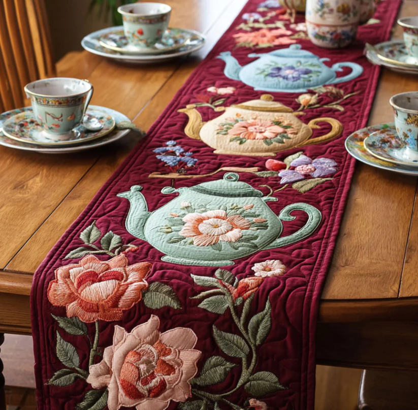 Vintage Tea Time Style Embroidered Teapot & Floral Pattern Quilted ...